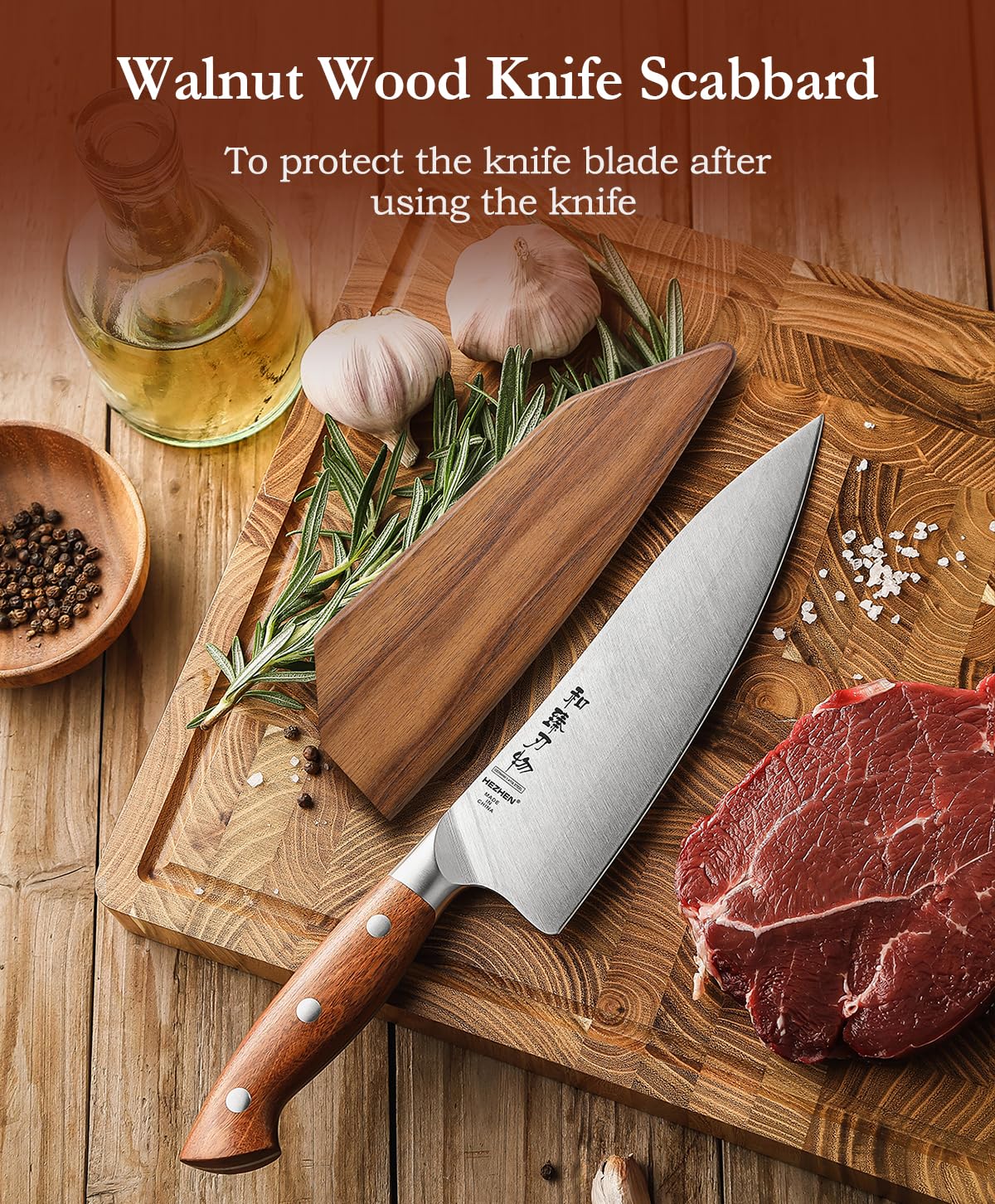 HEZHEN Pro Chefs Knives 8.3 Inch,High Carbon German 1.4116 Steel,Stainless Steel Rivets with Red Wood Handle,Razor Sharp,Super Edge,with Woodern Knife Sheath