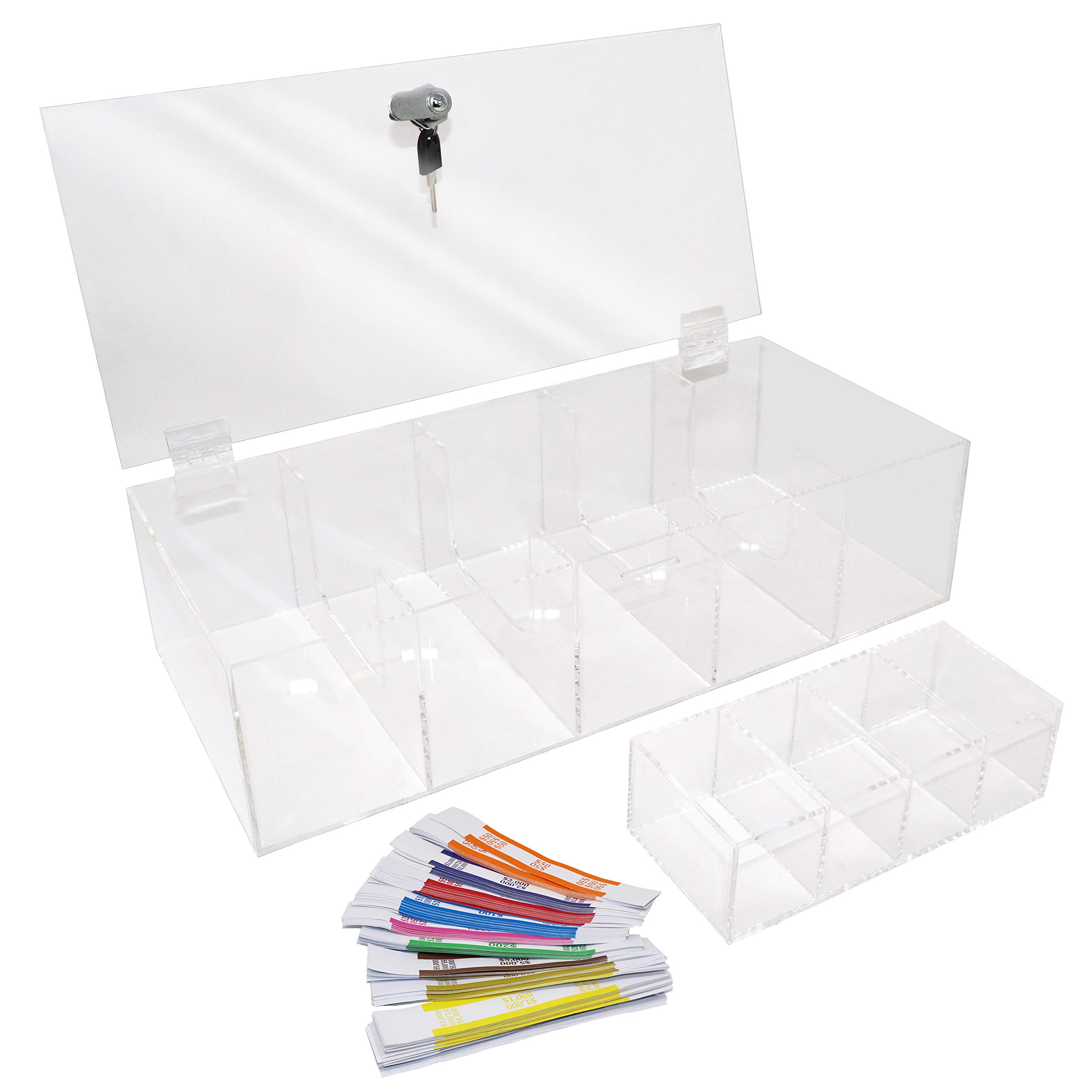 Clear Currency Tray, 5 Compartment Cash Organizer Money Storage Box, 300 Currency Wrappers Included