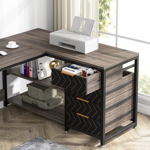LITTLE TREE 59-Inch L Shaped Desk with Drawers, Large Computer Desk with Storage Shelves, Reversible L-Shaped Corner Desk Workstation for Home Office