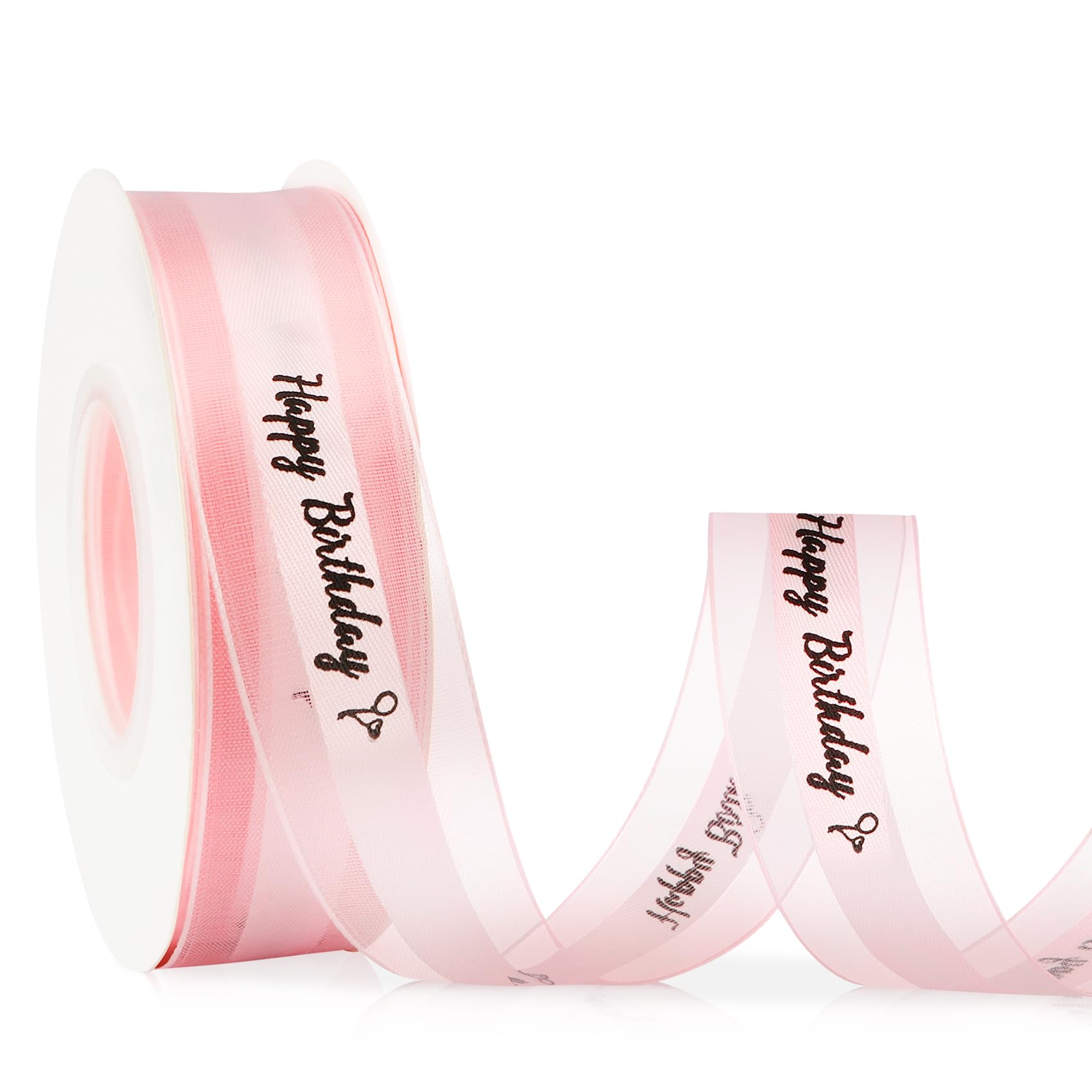 Happy Birthday Ribbon for Gift Wrapping, 1 Inch 25 Yards Pink Ribbon for Flower Bouquet, Organza Satin Ribbon for Crafts Bow Making Cake Box Party Decoration, Happy Birthday Ribbon for Flower Bouquet