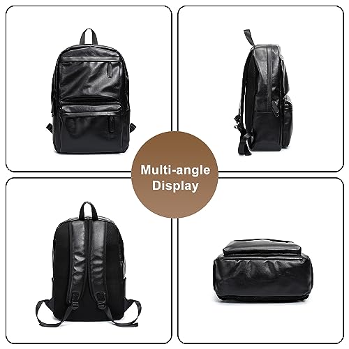 Men's 15 inch Laptop Backpack PU Leather Business Bookbag Large Capacity Casual Daypack for Work Commuting (Black)