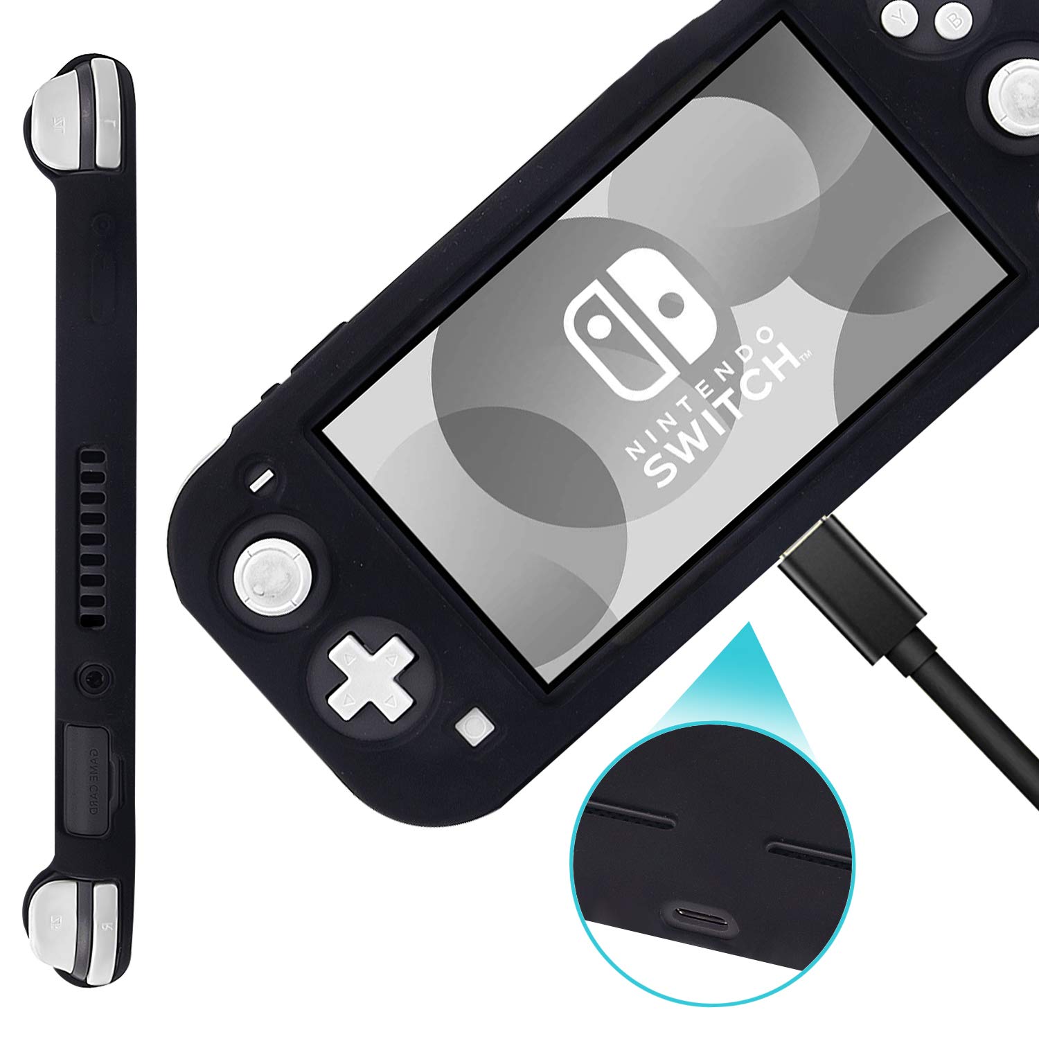Silicone Protective Case for Nintendo Switch Lite, Soft Grip Case Cover with Comfort Ergonomic Handles for Nintendo Switch Lite 2019 [Self Stand][4 Thumb Stick Caps] (Black)