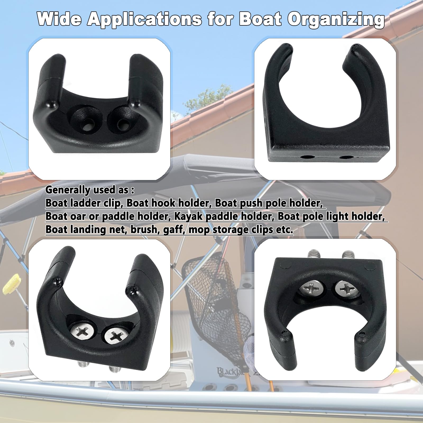 Duthyvea 4Pc Nylon Holder Clips for Boat Ladder Stowing, Hook or Kayak Paddle Pole Storage | 1-1/4" Dia Tube | Quick & Easy Mounting | Black w/Mounting Hardware