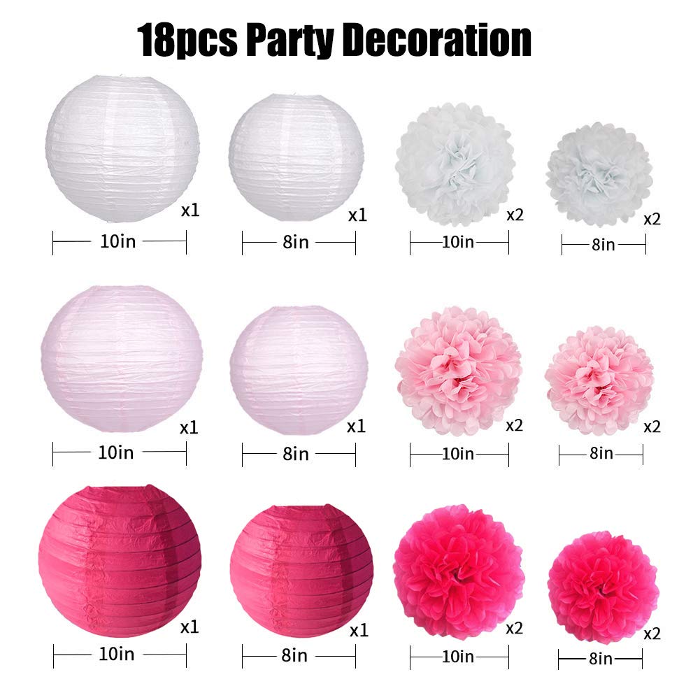 Celehappy Hanging Party Decorations Pom Tissue Paper Lantern for Weddings, Birthdays, Parties and Events Decorations, Hanging Paper Lantern Paper Tissue Flowers 10" 8" Set - Pink/White/Rose