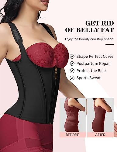 SHAPSHE Waist Trainer for Women, Tummy Control Sports Girdle, Workout Body Shaper with Adjustable Shoulder Strap Black