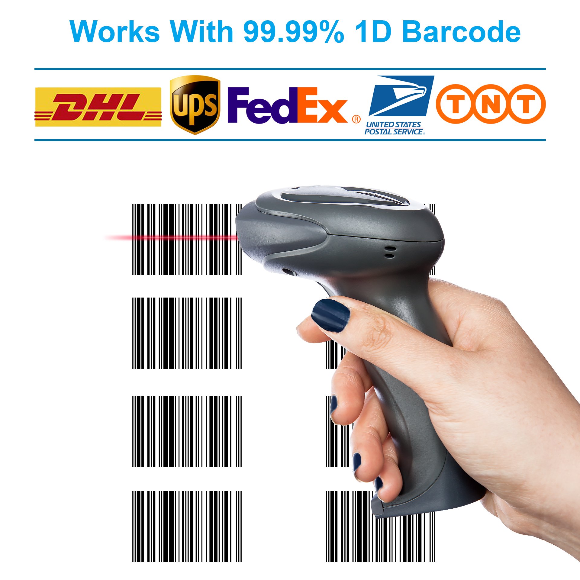 LS-PRO Wireless Barcode Scanner with USB Cradle Receiver Charging Base, 2.4GHz Handheld 1D Cordless Laser Barcode Reader, UP to 150Ft Transmission Range, long-life Battery 2200mAh, 1 Year Warranty.
