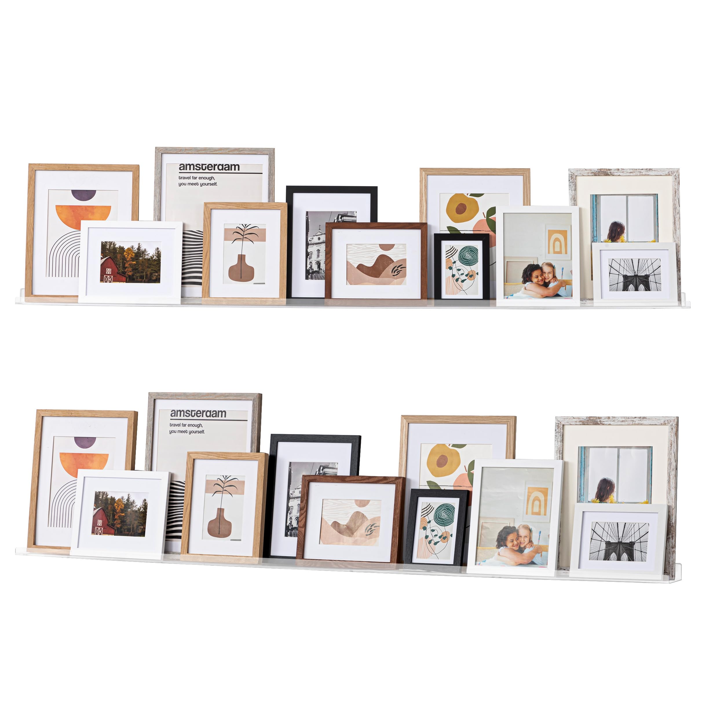 HBlife Acrylic Clear 2 Pack 72 Inch Floating Shelves, Picture Frames Display Rack Set of 2, Narrow Wall Mounted Picture Ledge Shelf for Living Room Bedroom Decor Books Photo Frames