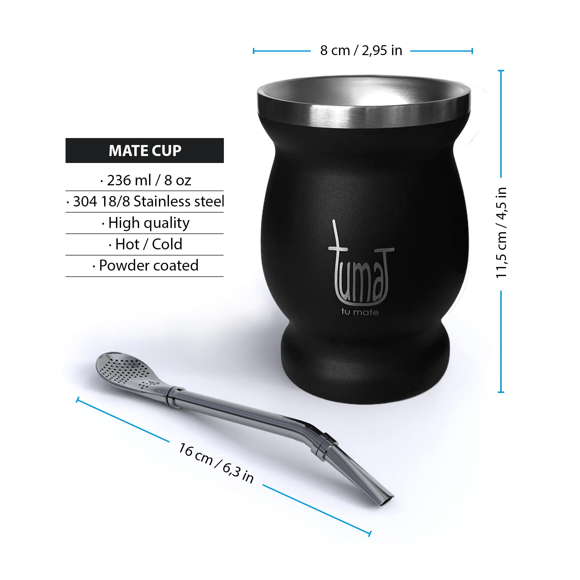 Complete Yerba Mate Kit - Includes Mate Cup, Straw (Bombilla), 750ml Thermos, Bag and two gifts (Container Yerbero and Car Immersion Heater) - Stainless Steel Yerba Mate Set (Black)