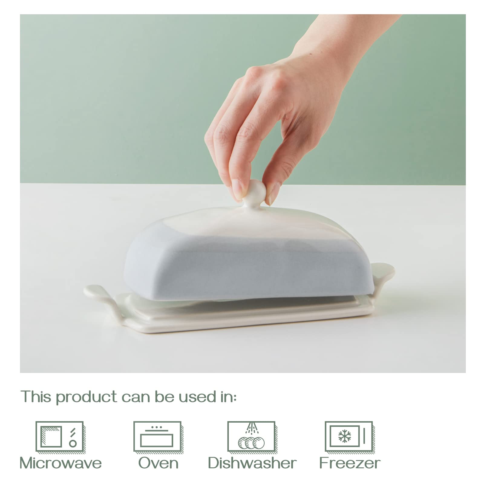DOWAN Butter Dish, Ceramic Butter Keeper for Countertop, 8.6 inch Butter Holder with Handle Cover, for Home Kitchen Decor, Butter Container Perfect for East West Coast Butter, Light Blue & White