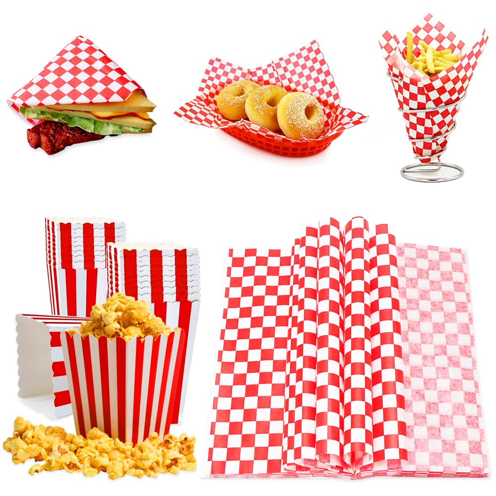FHDUSRYO 100 Sheets Checkered Dry Waxed Deli Paper Sheets, Grease Resistant Checkered Basket Liner with 24 Popcorn Favor Boxes, Red and White Sandwich Paper Wraps for Party, Picnic (11x10.2inch)