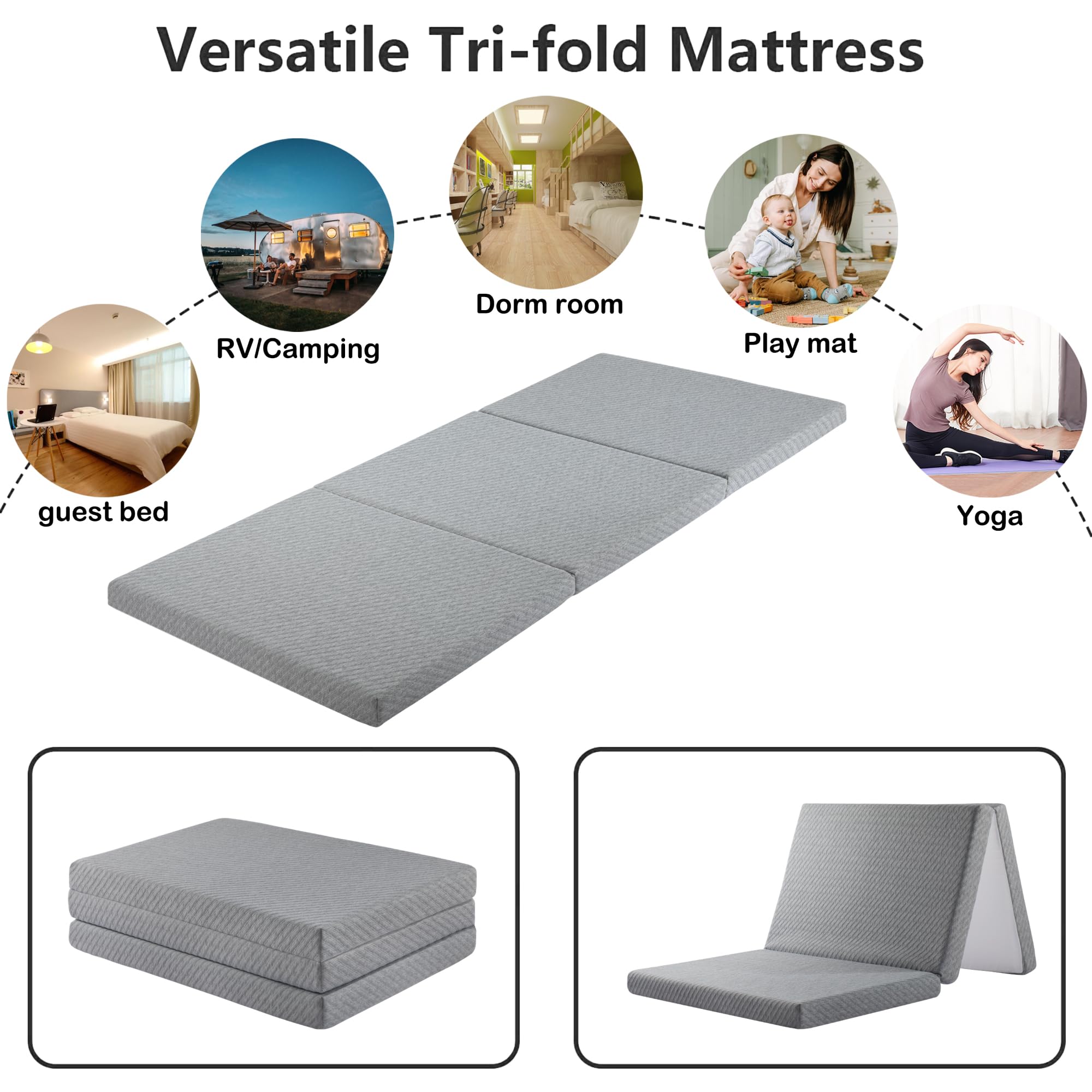 Planet Sleepings Full Mattress 3 Inch Tri-fold Gel Foam Mattress, Adjustable Softness Relief Back Pain Breathable and Washable Cover, CertiPUR-US