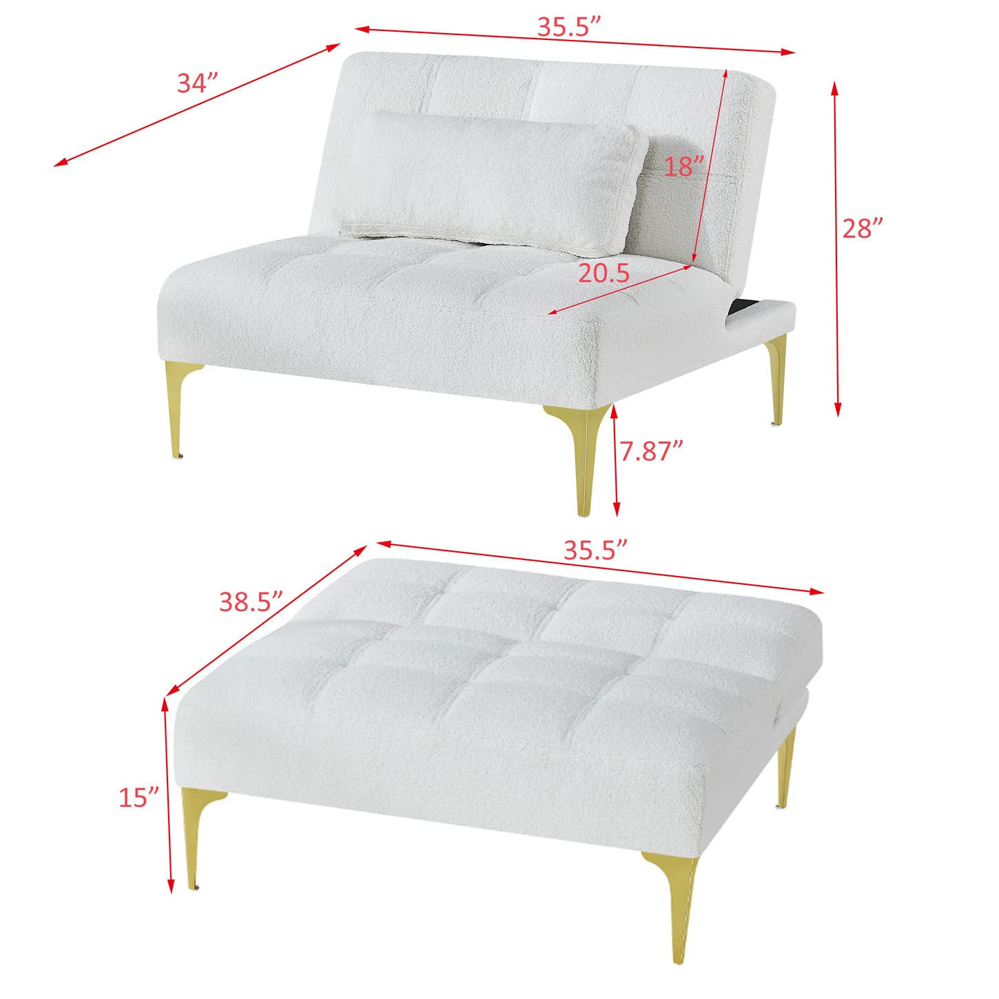 LKTART Convertible Sofa Bed futon with Gold Metal Legs for Living Room Office.White