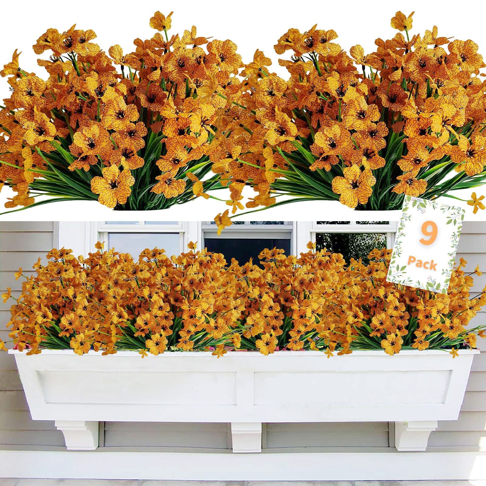 Triarrhena Artificial Flowers 9 Bundles Faux Outdoors Shrubs Hanging No Fade UV Resistant Fake Plants Home Decor Garden Farmhouse (Yellow)