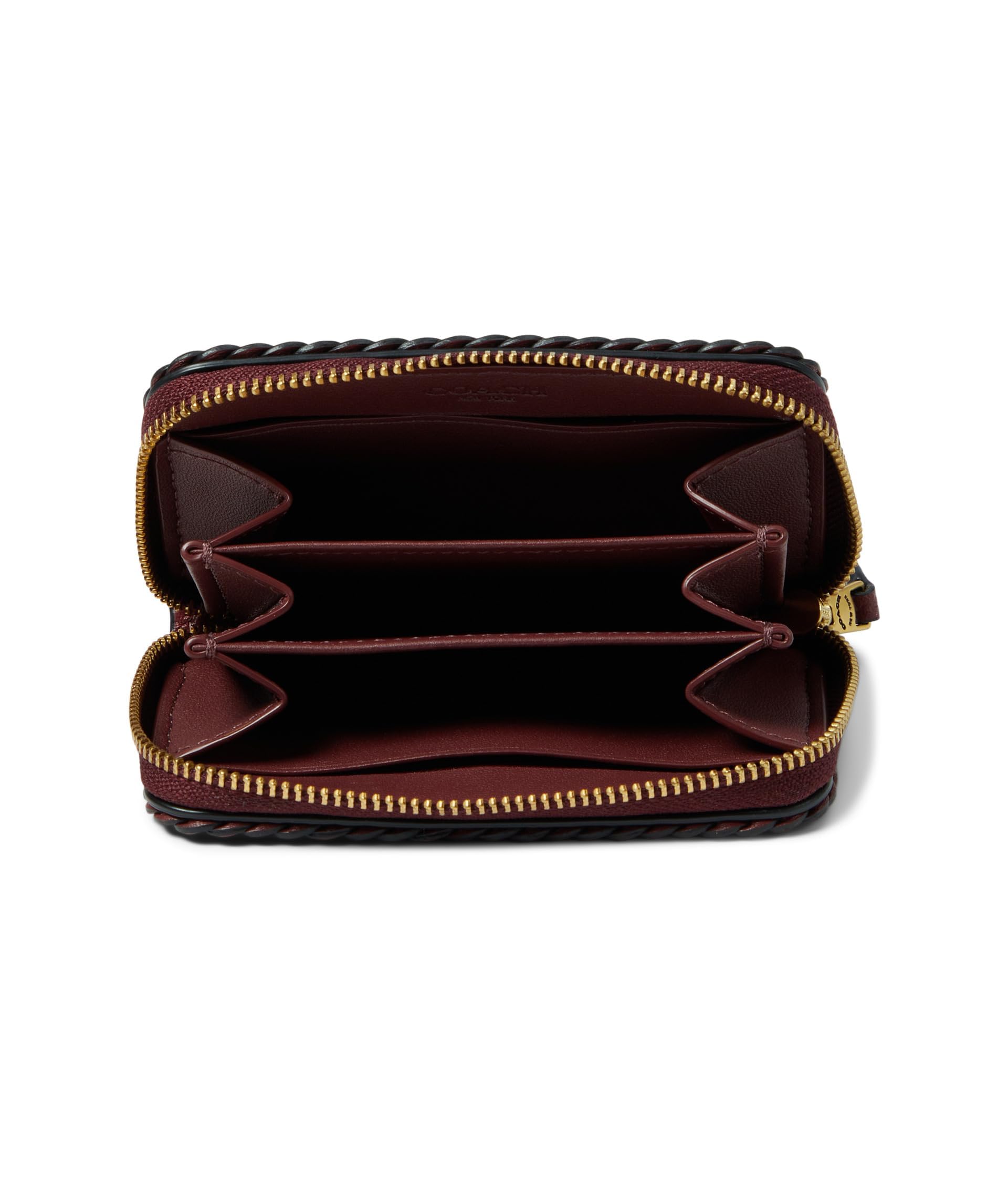 Coach Braided Leather Trim Small Zip Around Card Case Wine One Size