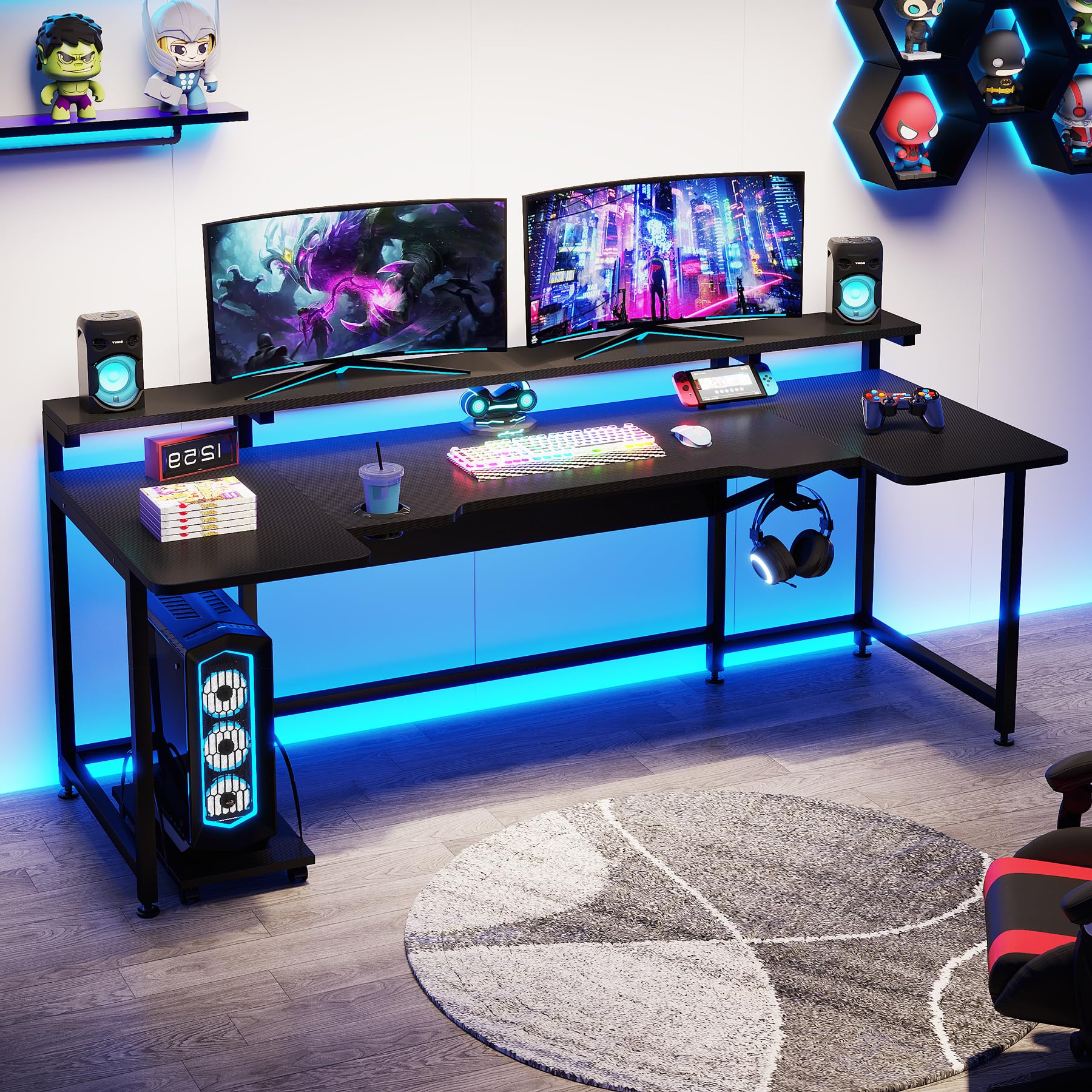 Tribesigns 74.8 Inch Gaming Desk, Extra Long U Shaped Computer Desk with Monitor Stand Shelf and CPU Stand, Black Gamer Desk for Home Office, Gaming