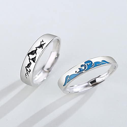 Couple Open Adjustable Rings Mountain and Sea Forever Love Matching Promise Rings Set Matching Rings for Men Women (B), Silver