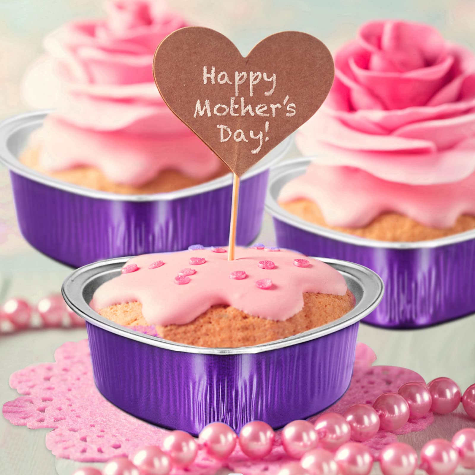 Geiserailie 200 Sets Aluminum Foil Cake Pan with Clear Lids 100 ml/ 3.4 Ounces Heart Shaped Disposable Mini Cupcake Cup Flan Baking Cups Pan for Xmas Valentine Wedding Birthday Party (Purple)