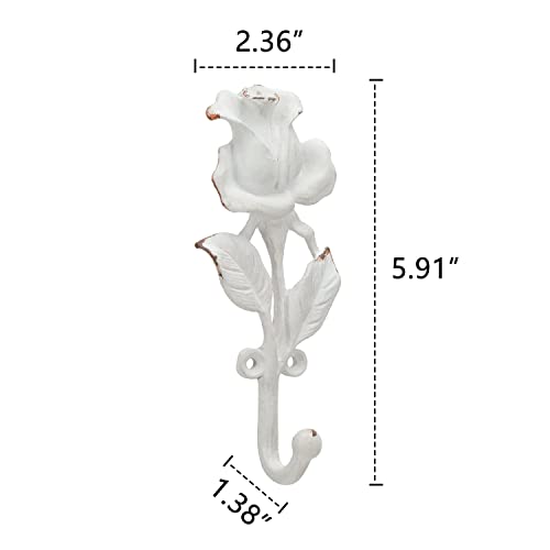 SOFFEE DESIGN 2pcs White Single Hooks 3D Rose Flower Retro Ornate Style for Room Wall Decoration, Coat Hat Scarf Hanging Hanger Entry Heavy Hooks Home Decor