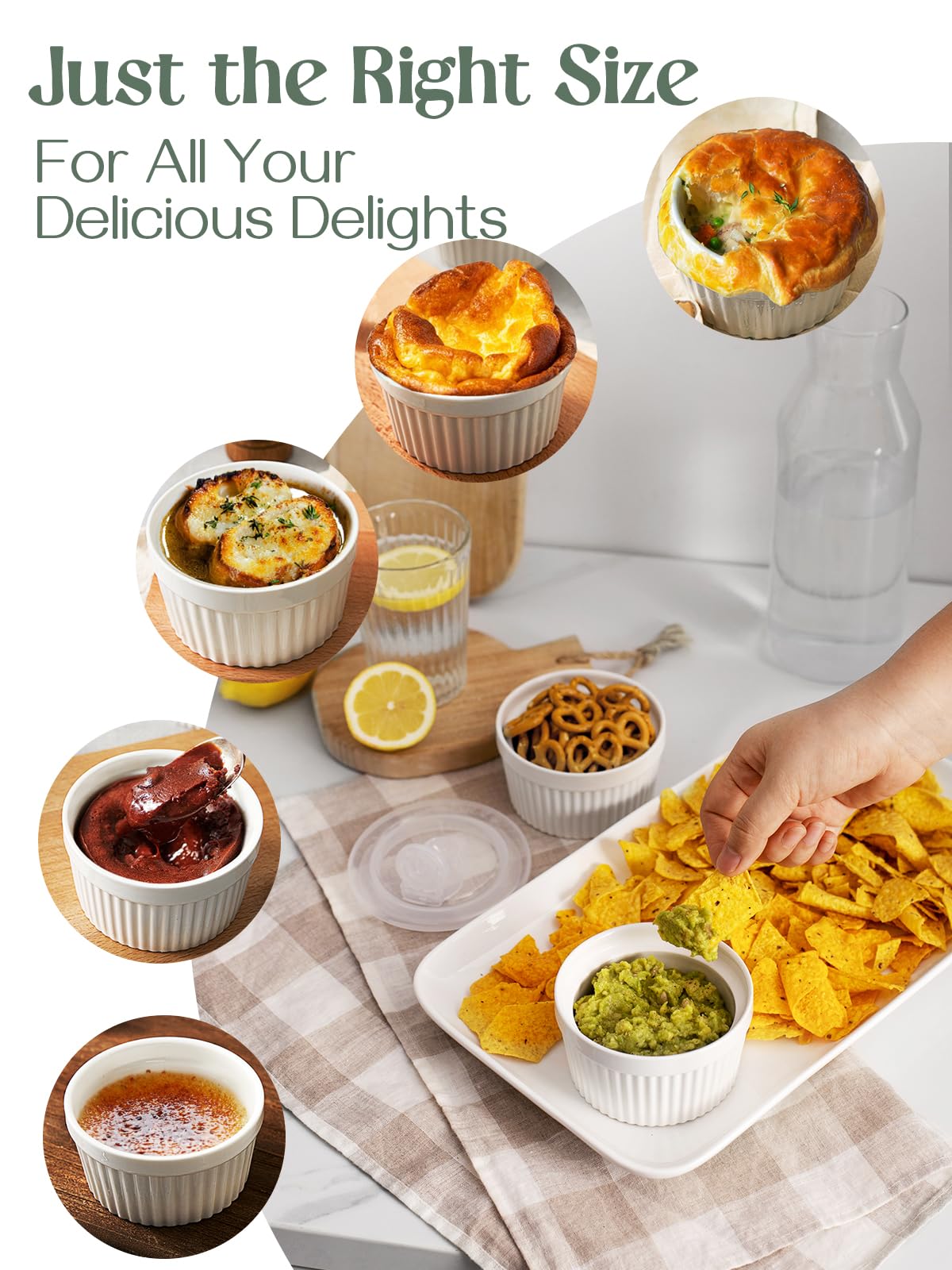 DOWAN Ramekins 8 oz Oven Safe with Lids, Creme brulee Ramekins Bowls with Covers, Porcelain White Ramekins Souffle Dishes for Baking, Stackable, Set of 6