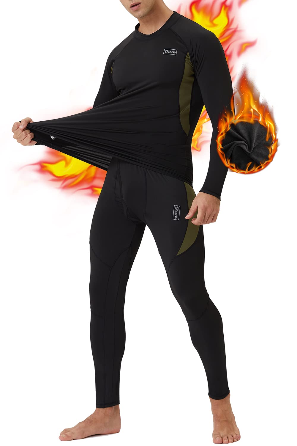 CL convallaria Long Johns for Men with Fly, Thermal Underwear Set Winter Hunting Gear Sport Base Layer Top and Bottom Midweight -Crew Neck-Black-XL