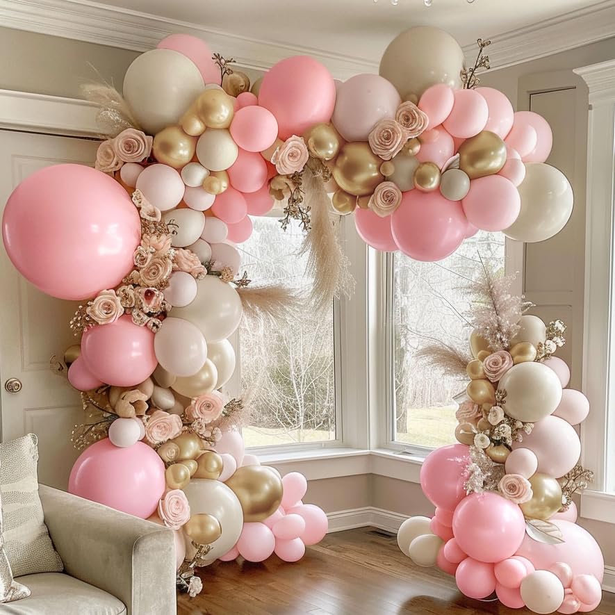 HIBAO Pink White Gold Balloon Garland Double Stuffed Pastel Baby Pink Cream Gold Balloon Arch Kit for Baby Bridal Shower Wedding Engagement Birthday Party Decoration