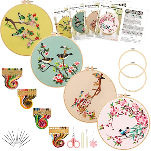 Picoey Birds Embroidery Kit for Beginners with Pattern and Instructions,4 Pack Cross Stitch Kits,2 Wooden Embroidery Hoops,Threads and Needles,Needlepoint Kit for Adults