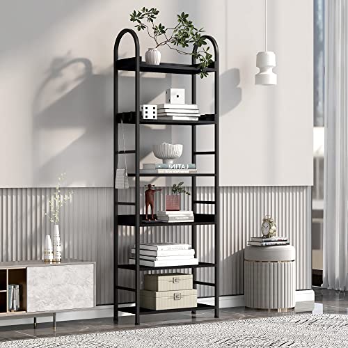 Merax Bookshelf, 6-Tier Bookcase with 4 Hooks, 70.8 Inch Tall Industrial Wood Storage Rack, Arched Open Shelves for Home Office, Living Room, Bedroom, Kitchen