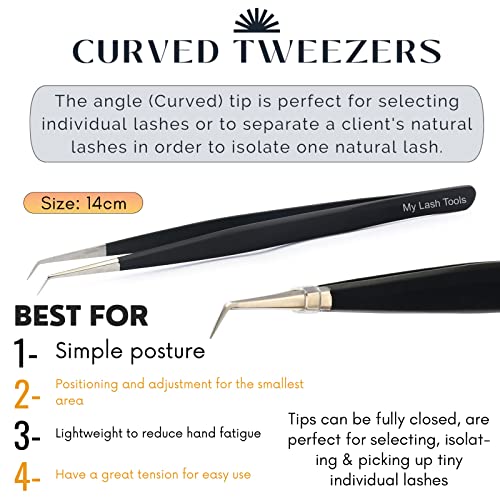 Cross Edge Corporation My Lash Tools Fiber Tip Eyelash Tweezers for Extensions Pro Volume, Isolation & Classic False Lashes Stainless Steel Straight and Curved Set (2 Pieces, 5) (CEC-TWEEZERSSETSBLK)