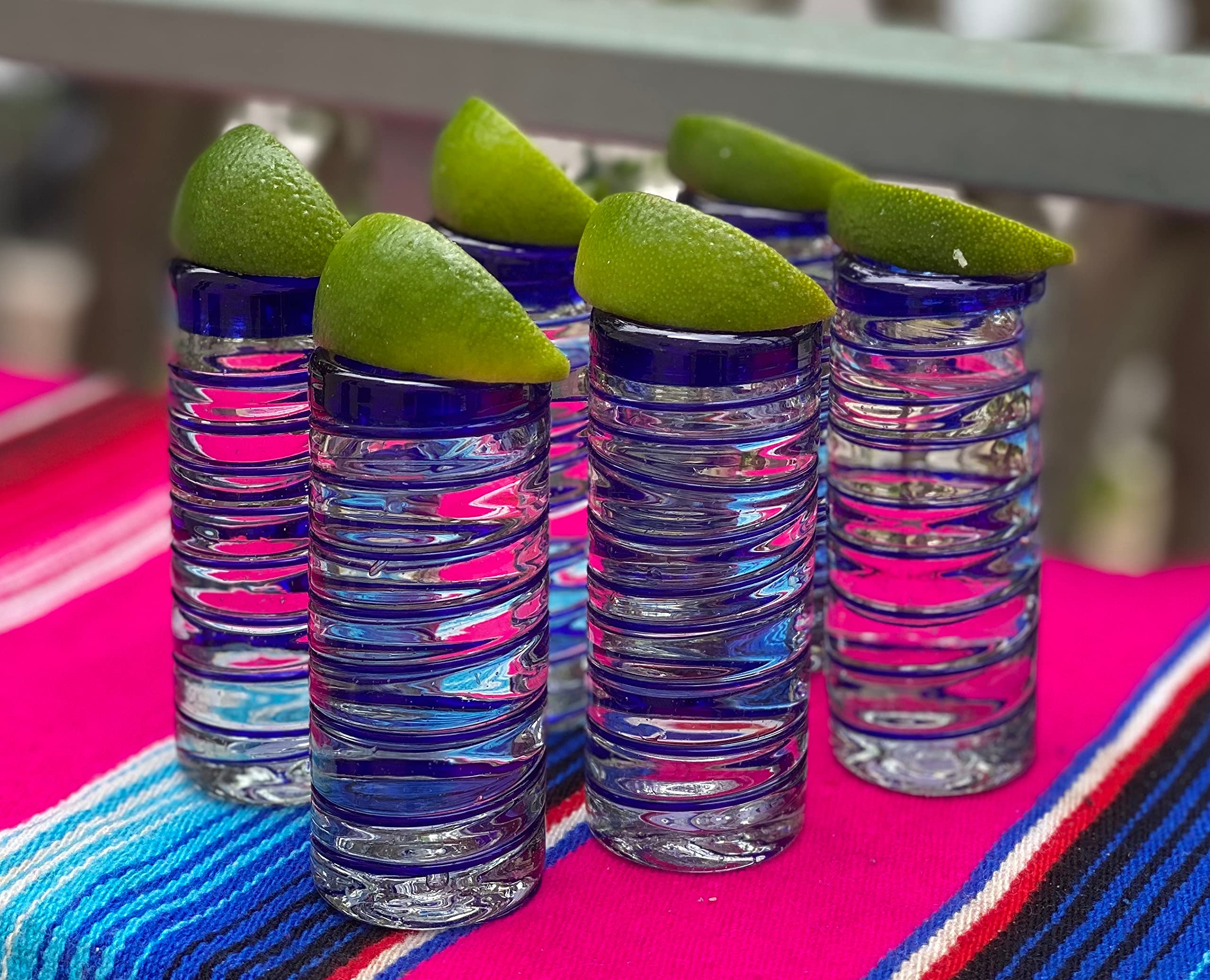 Dos Sueños Hand Blown Mexican Tequila Shot Glasses – Set of 6 Blue Spiral Tequila Shot Glasses (2 oz each) …