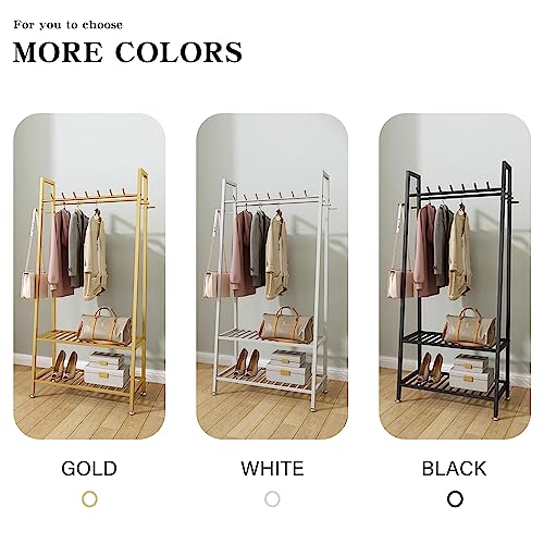FIJOS Clothes Rack, Metal Garment Rack, Heavy Duty Clothes Stand Rack With Lower Storage Shelf and 11 Hooks, Double Hanging Rod Clothing Rack for Bedroom