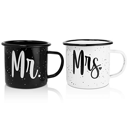 Mr and Mrs Coffee Mug Gift Set - Enamel Coated Stainless Steel Camping Mugs - Bride and Groom - Marriage Engagement Wedding Gift for Couples