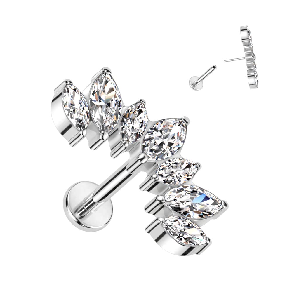 Dynamique Implant Grade Titanium Threadless Labret With 7 Marquise CZ Set Curve Top (Sold Per Piece)