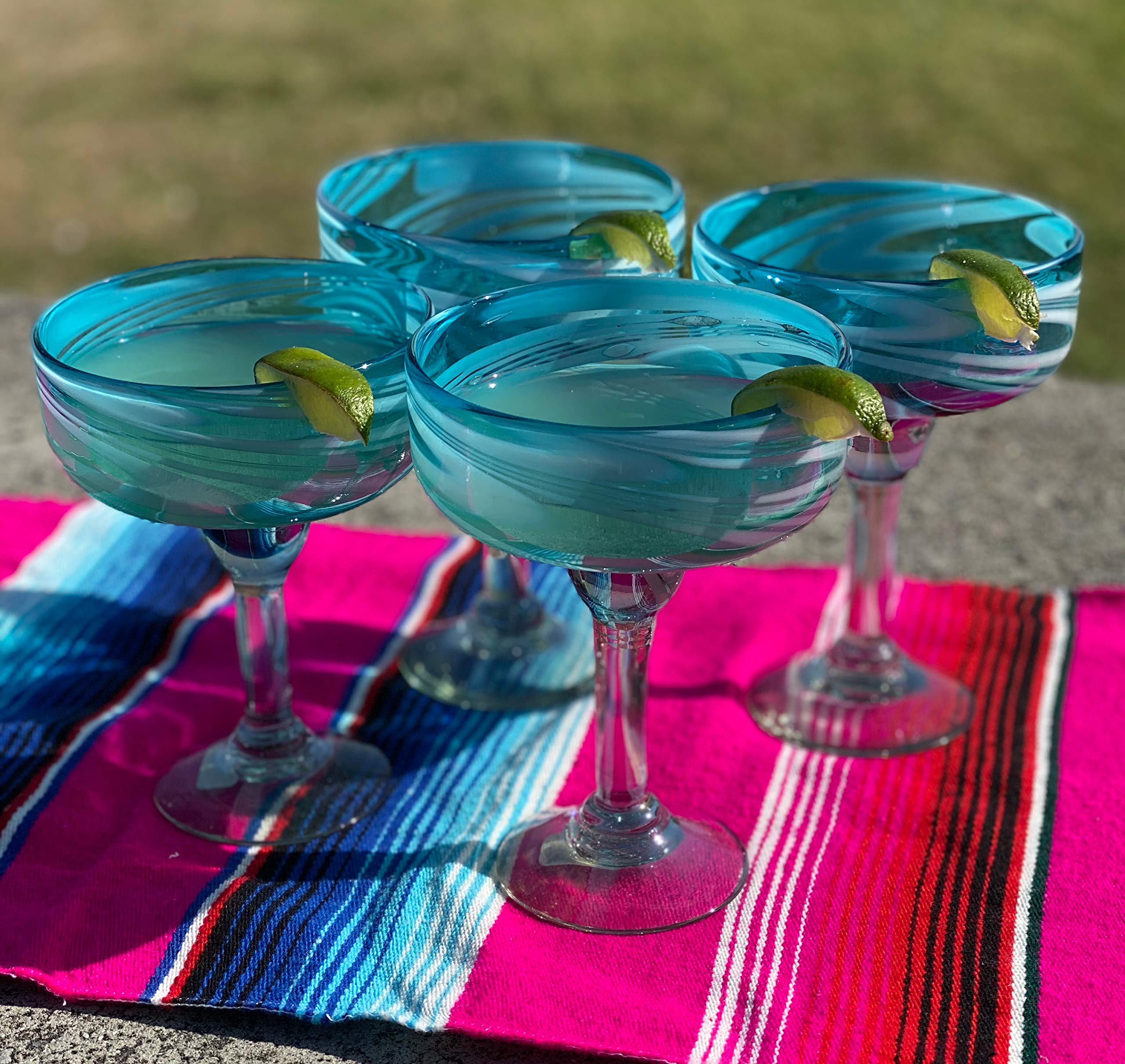Dos Sueños Mexican Hand Blown Glass – Set of 4 Hand Blown Margarita Glasses Aqua Swirl (16 oz)