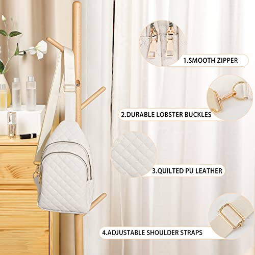 EMBRUNIOICE PU Leather Sling Bag for Women Quilted Crossbody Sling Backpack for Cycling Hiking Travel(Cream)