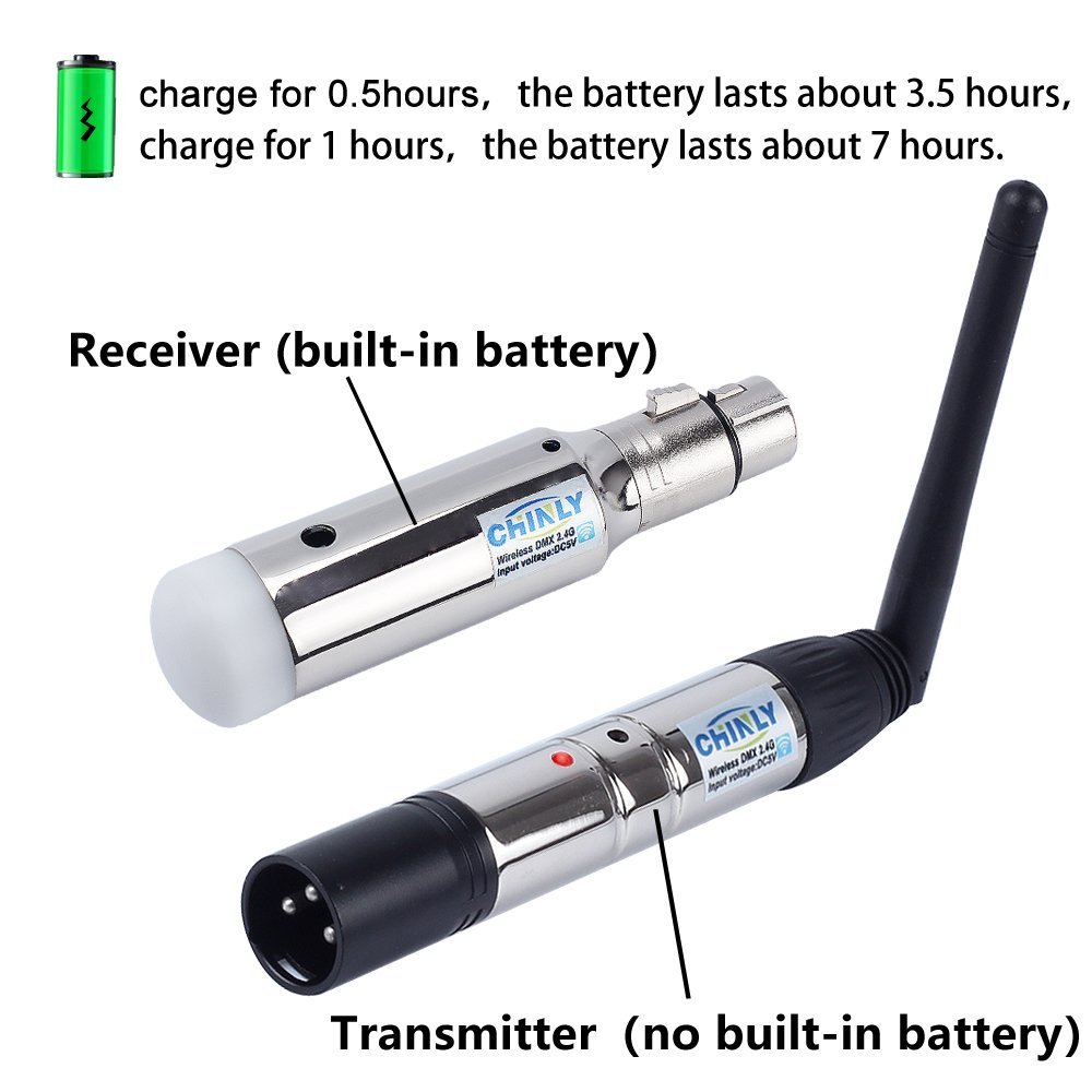 CHINLY 8pcs DMX512 DMX Dfi DJ 2.4G 7 Charging Wireless Receiver Built-in Battery & 1 Transmitter LED Lighting Control for LED Stage Par Party Light