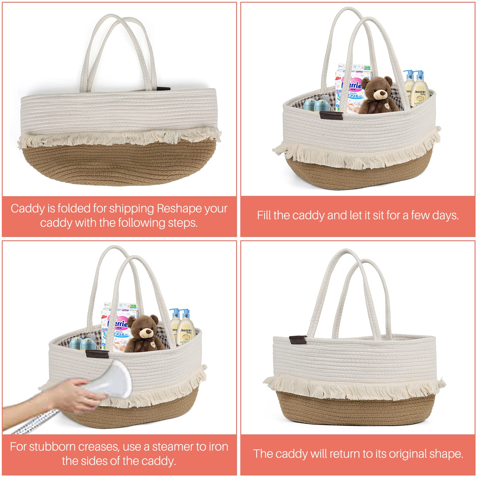 G.a HOMEFAVOR Baby Diaper Caddy Organizer - Extra Large Nappy Caddy Rope Nursery Storage Bin - Large Diaper Basket, 3 Compartments and 2 Removable Dividers, Brown