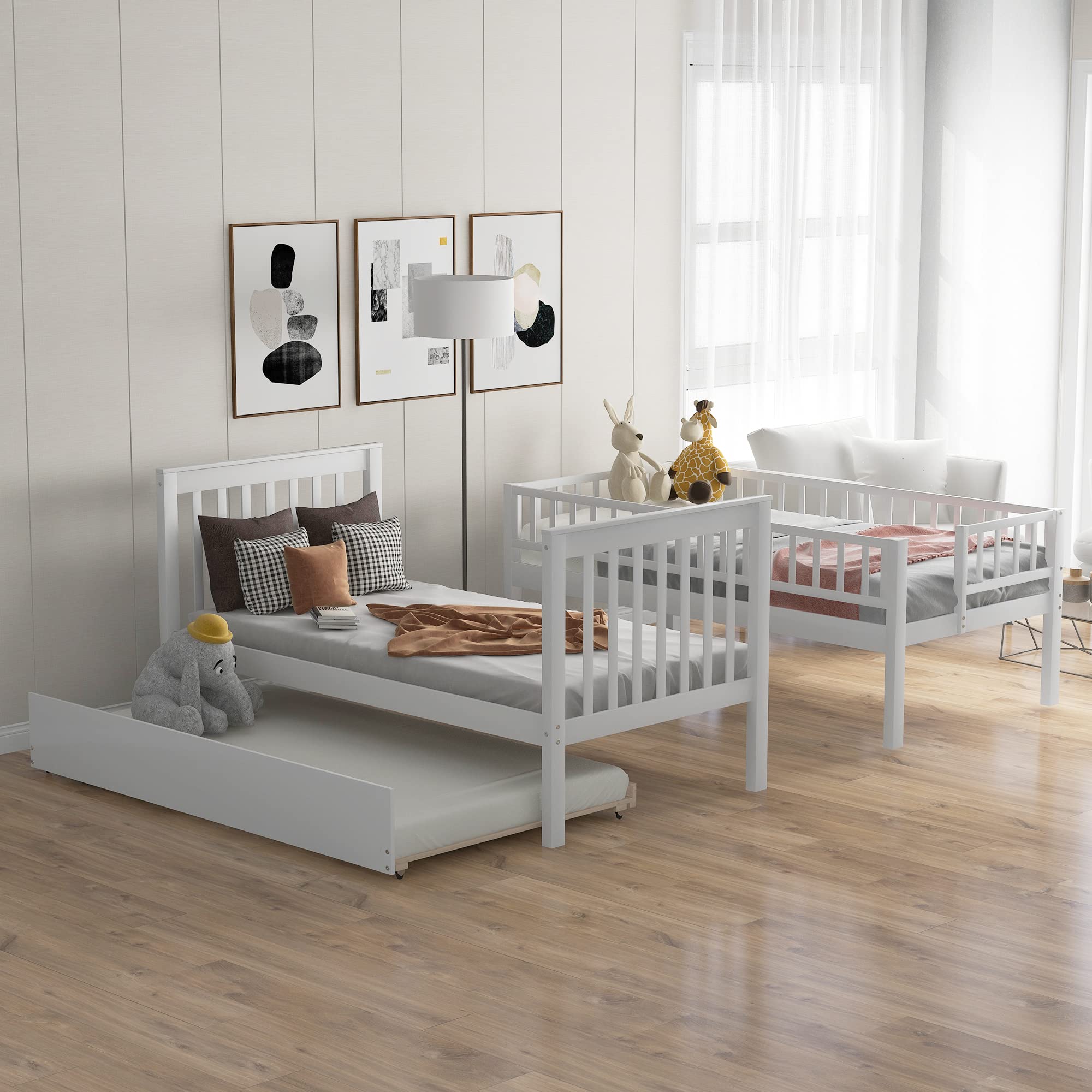 Harper & Bright Designs Bunk Beds Twin Over Twin Size, Solid Wood Bunk Beds with Trundle and Stairs for Kids,Teens,Adults (White, Bunk Bed with Trundle)