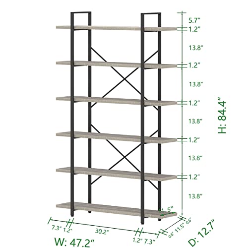 HSH 6 Tier Tall Bookshelf, Wood and Metal Vertical Display Book Shelf, Industrial 6 Shelf Bookcases and Book Shelves Storage Rack, Large Open Book Case for Bedroom Living Room Office, Light Grey Oak