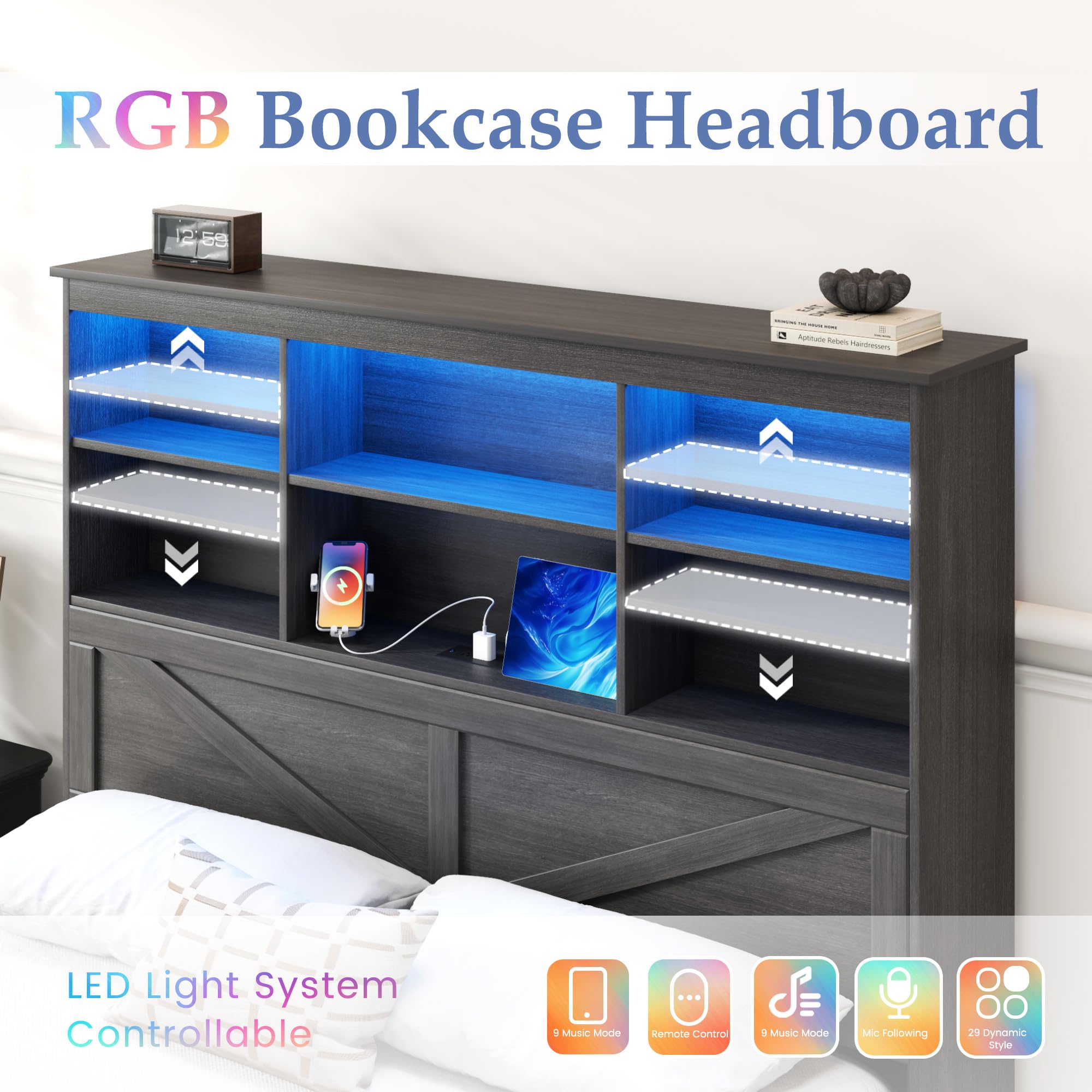 Foredawn Queen Bed Frame with Bookcase Headboard