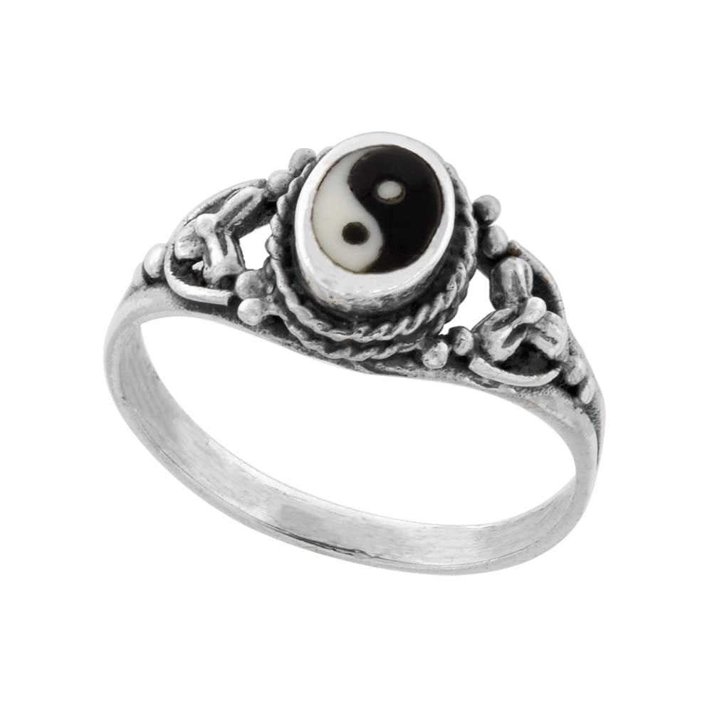 Dainty 5/16 inch Sterling Silver Yin Yang Ring for Women & Teens Flower Sides Size 5