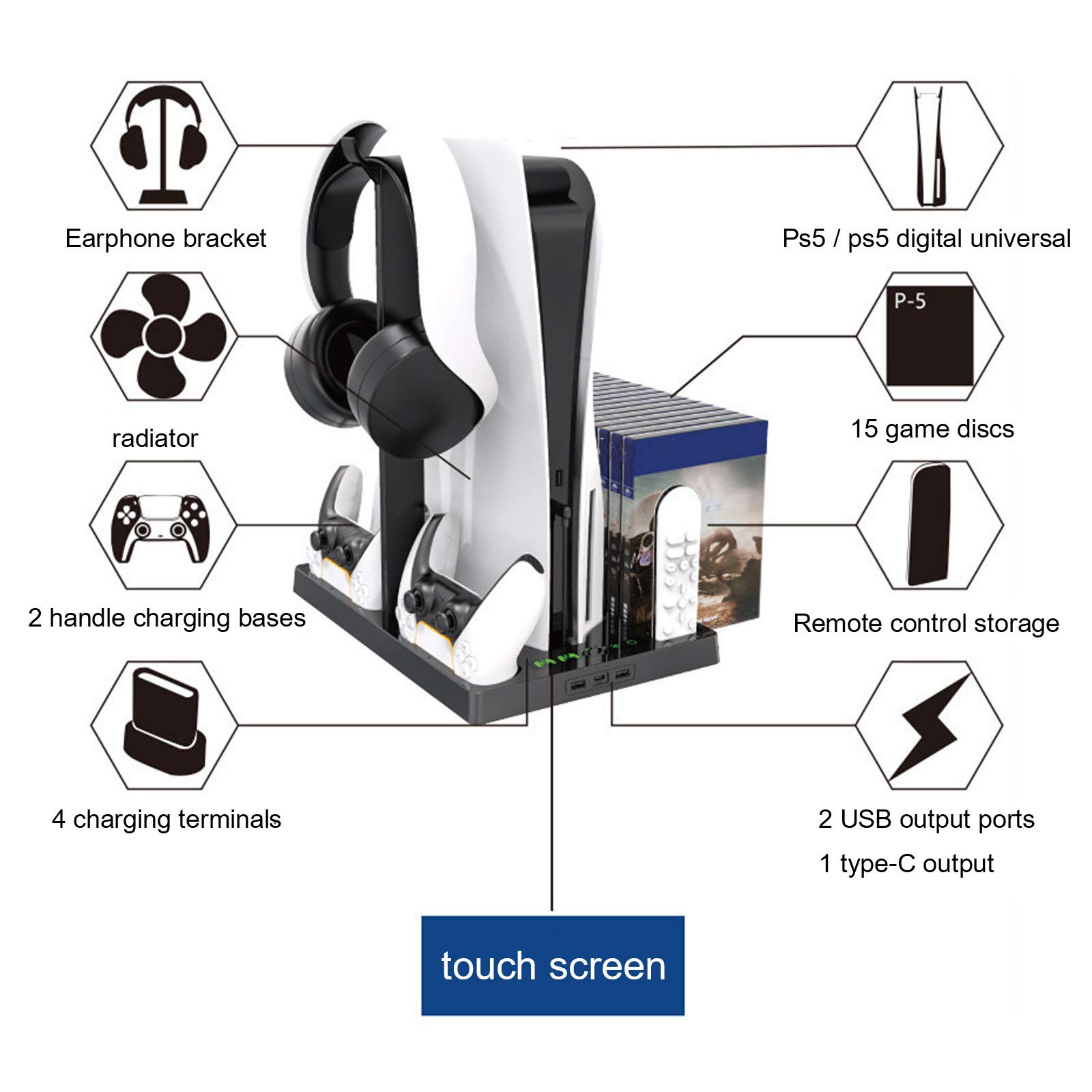 Sequn Vertical Charging Stand for Playstation 5 with Cooling Fan for PS5 Digital Edition/Ultra HD Console, Charging Dock Station with 15 Game Storage Slots and Dual Controller Charger Ports