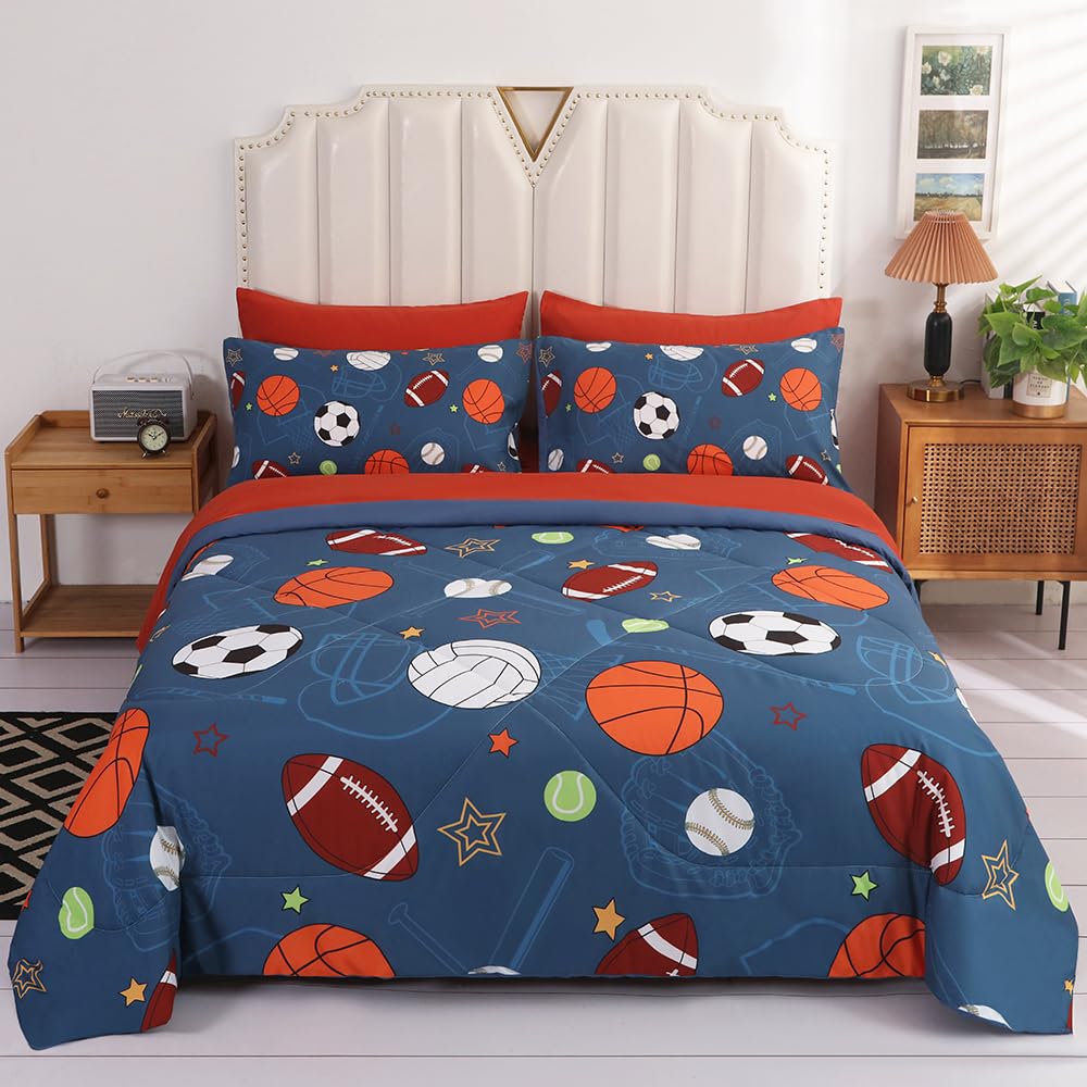 lwfushi Sports Comforter Set Blue Ball Bedding Set Full Size Baseball Basketball Soccer Tennis Bed Set for Teens Kids (1 Comforter,1 Flat Sheet,1 Fitted Sheet,2 Pillowcase and 2 Pillow Sham)