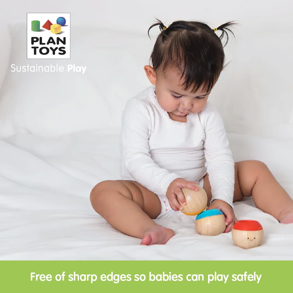 PlanToys Sensory Tumbling - Baby Toys with 3 Wooden Tumblers for Perceptual and Motor Skill Development