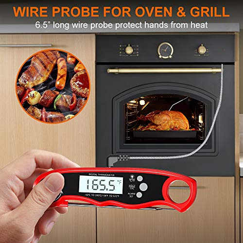 COMSOON Digital Meat Thermometer, Instant Read Cooking Thermometer with Dual Probe, Kitchen Food Thermometer with Alarm Setting, Backlight & Magnet for BBQ Grill Smoker Oven Oil Candy-Red