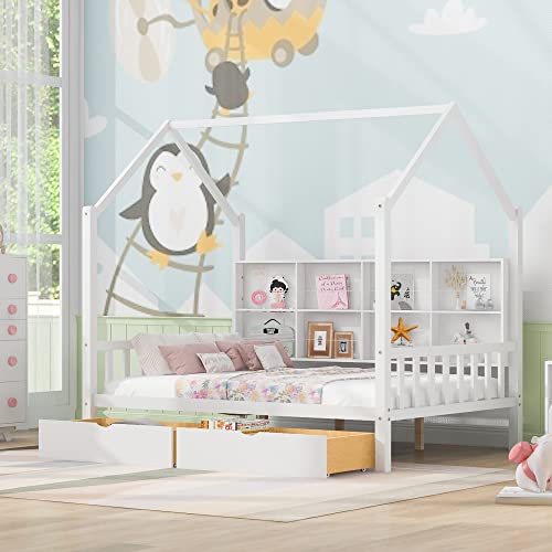 MERITLINE Full Size House Bed for Kids, Wooden Kids Bed Frame with Drawers & House Roof Frame, House-Shaped Bed with Storage Shelf & Slat Support, No Box Spring Needed (White)
