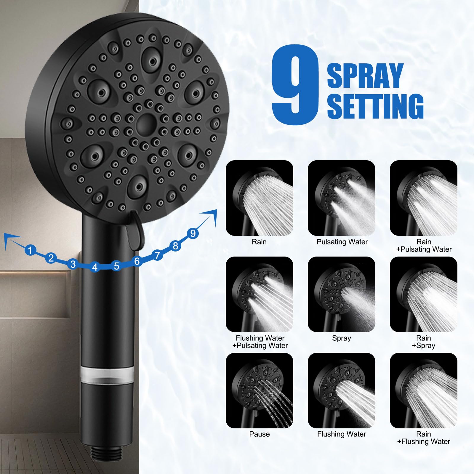 High Pressure Shower Head with Filters - 9 Spray Mode Shower Head with Filters, Shower Head Filter for Hard Water, Adjustable Bathroom Handheld Shower Head with Long Hose, Remove Chlorine