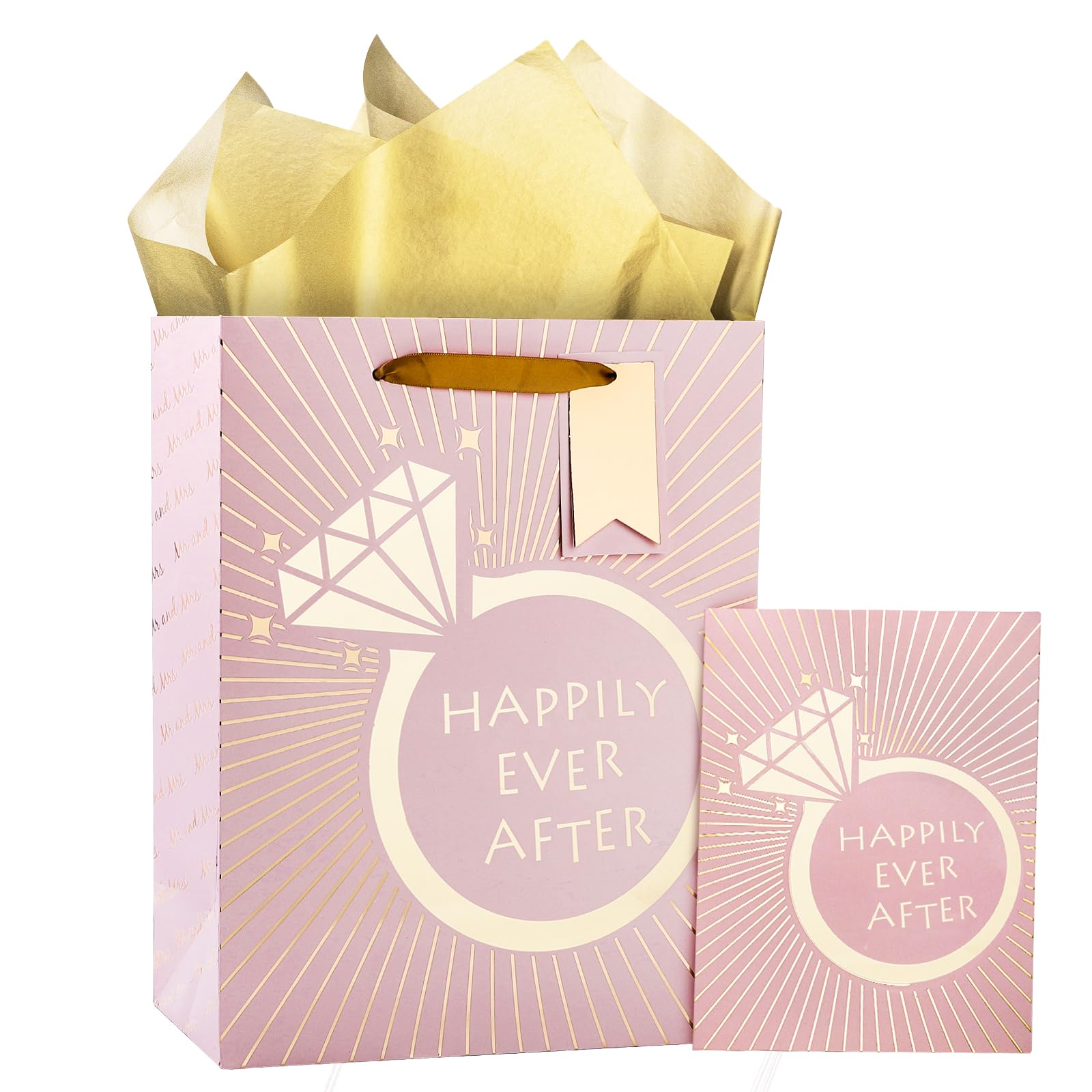 Loveinside Wedding Gift Bag with Tissue Paper, Gift Tag and Greeting Card for Wedding, Birthday, Party, and More - 10" x 5" x 13", 1 Pcs, Wedding Ring Pink