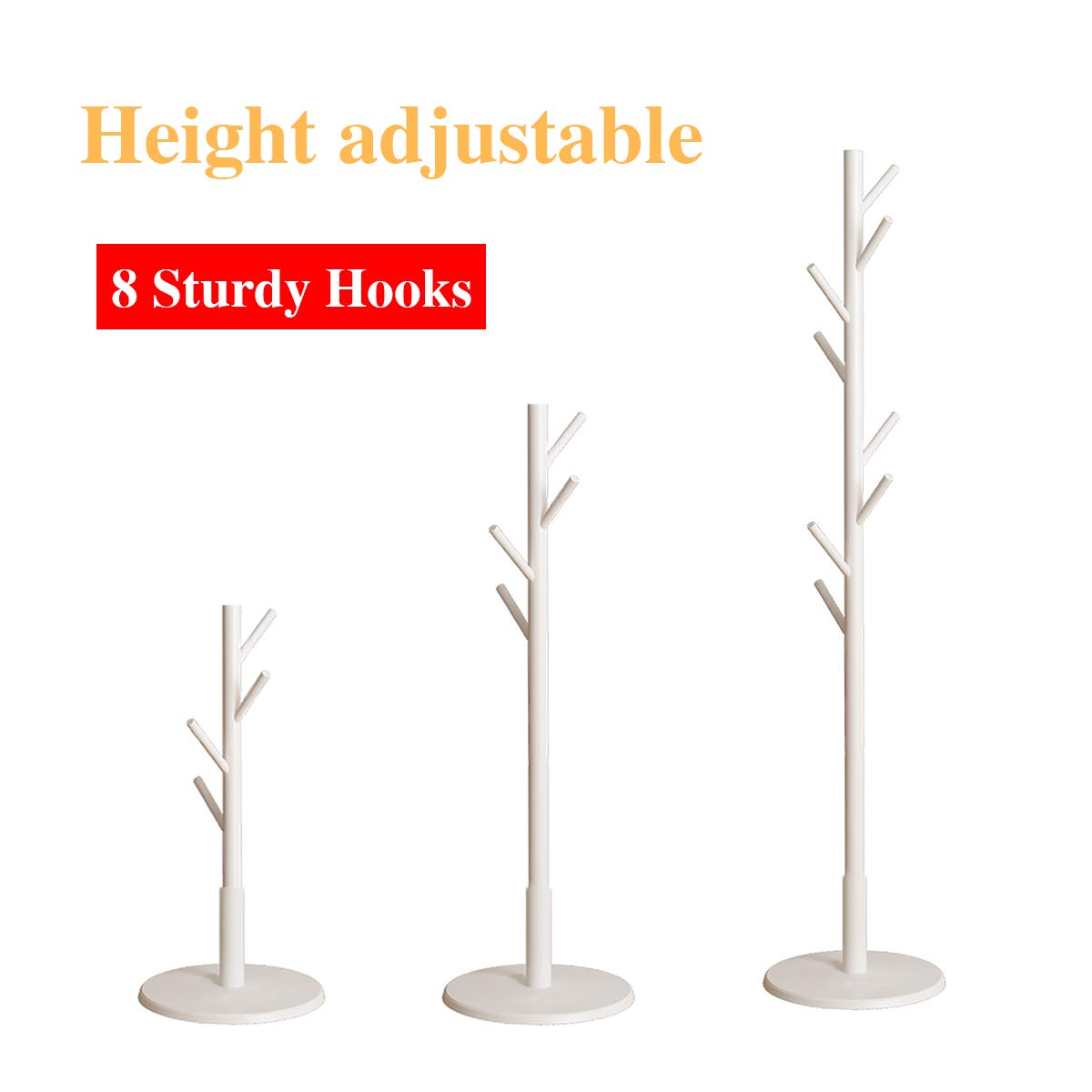 Coat Rack Wooden Coat Rack Free Standing Coat Tree with 8 Hooks Entryway Coat Hanger Stand with Round Base for Bags, Clothes, Umbrellas, Hats, in Home and Office (White)