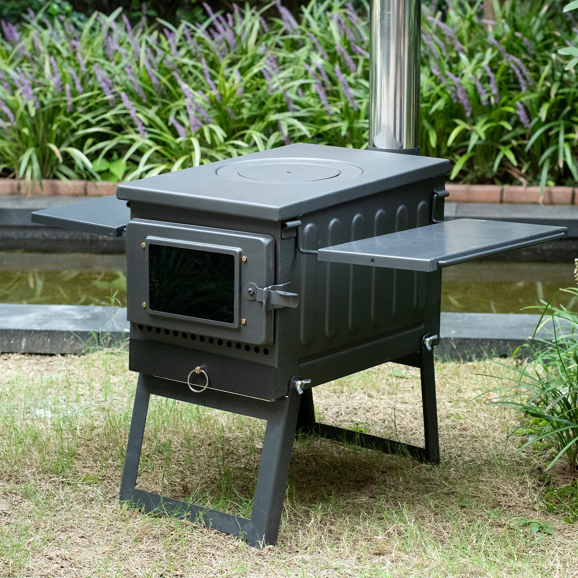 PMNY Wood Burning Stove, Hot Tent Stove Kit with Chimney Pipes, Side Racks and View Window, Multipurpose Camping Stove for Tent, Shelter, Heating and Cooking