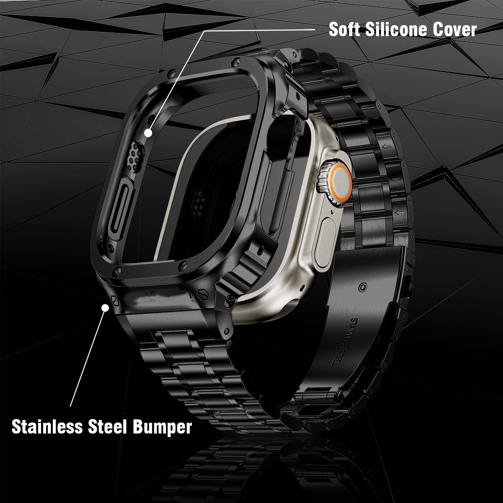 HASLFM Stainless Steel Watch Band with Case Compatible with Apple Watch Ultra/Ultra 2(49mm),Metal Strap and Rugged Protective Cover for iWatch Bands Cases Men, Black
